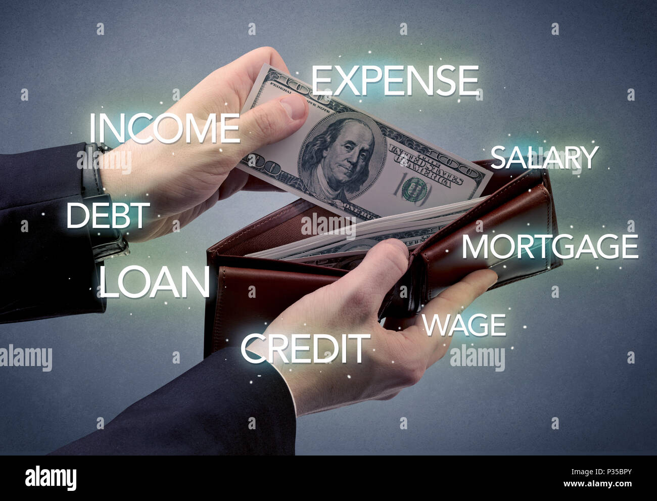 Businessman's hand takes out dollar from wallet with bank keywording ...