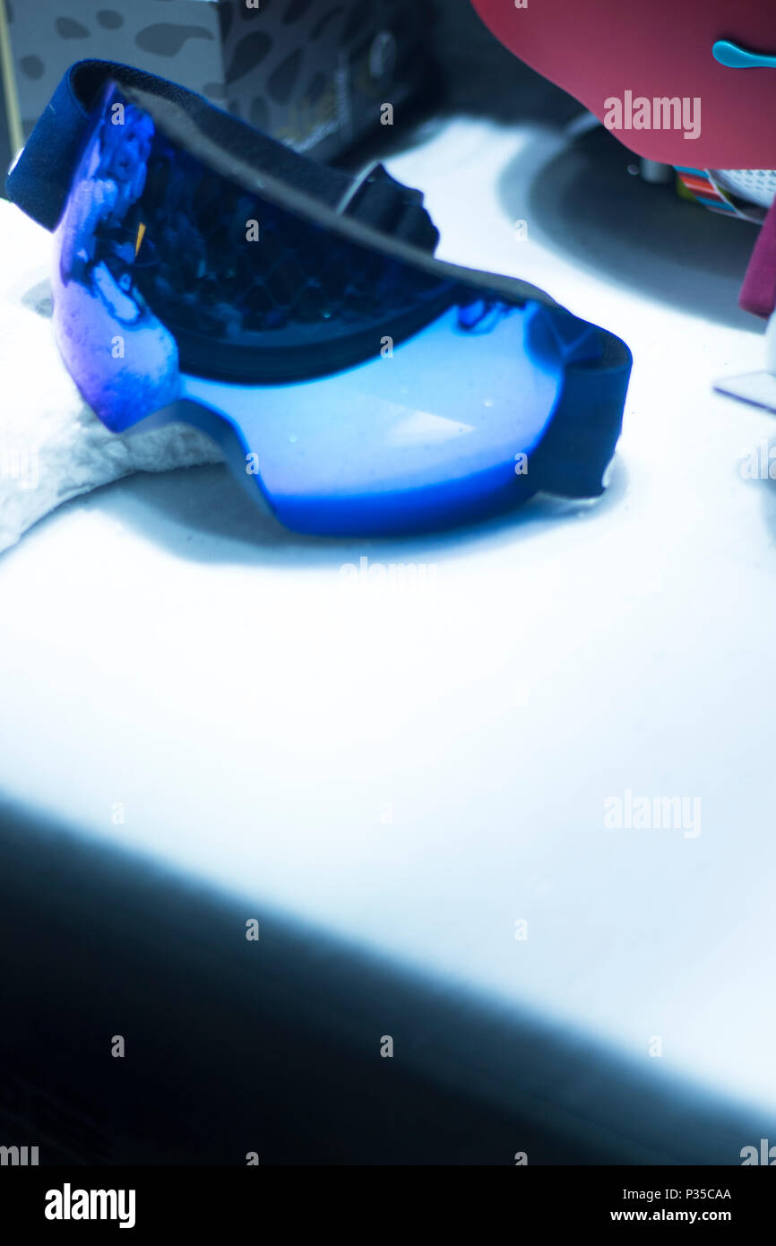 Modern high technology anti reflection ski and snowboard shop goggles ...