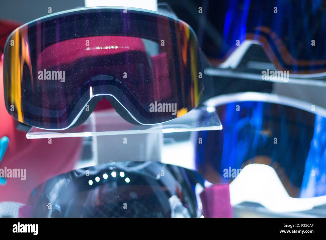 Modern high technology anti reflection ski and snowboard shop goggles ...