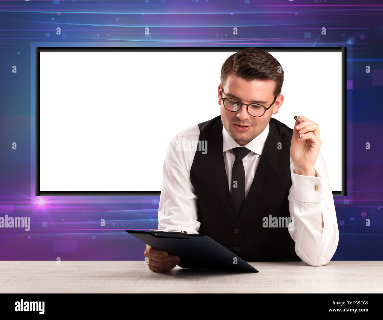 Television program host with big copy screen in his back concept Stock ...