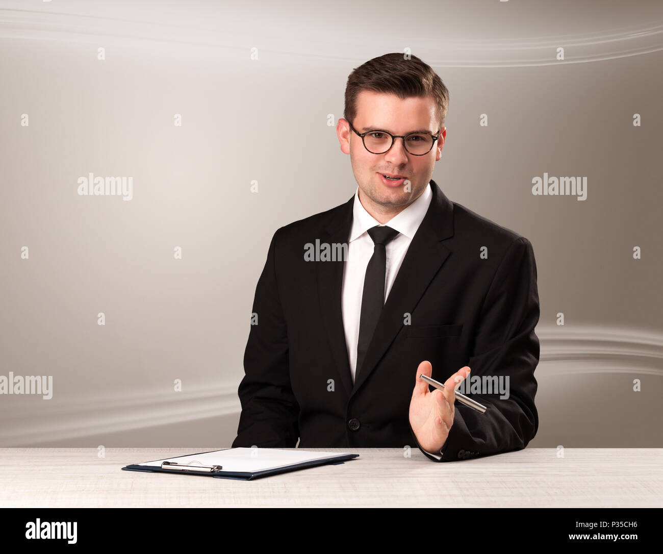 Televison presenter host in live show with blank background Stock Photo ...
