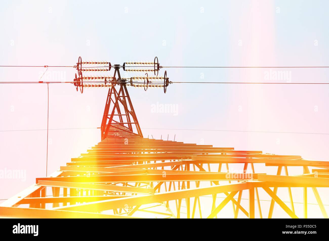 Pylon of high voltage and flames. Concept of summer fires and energy ...