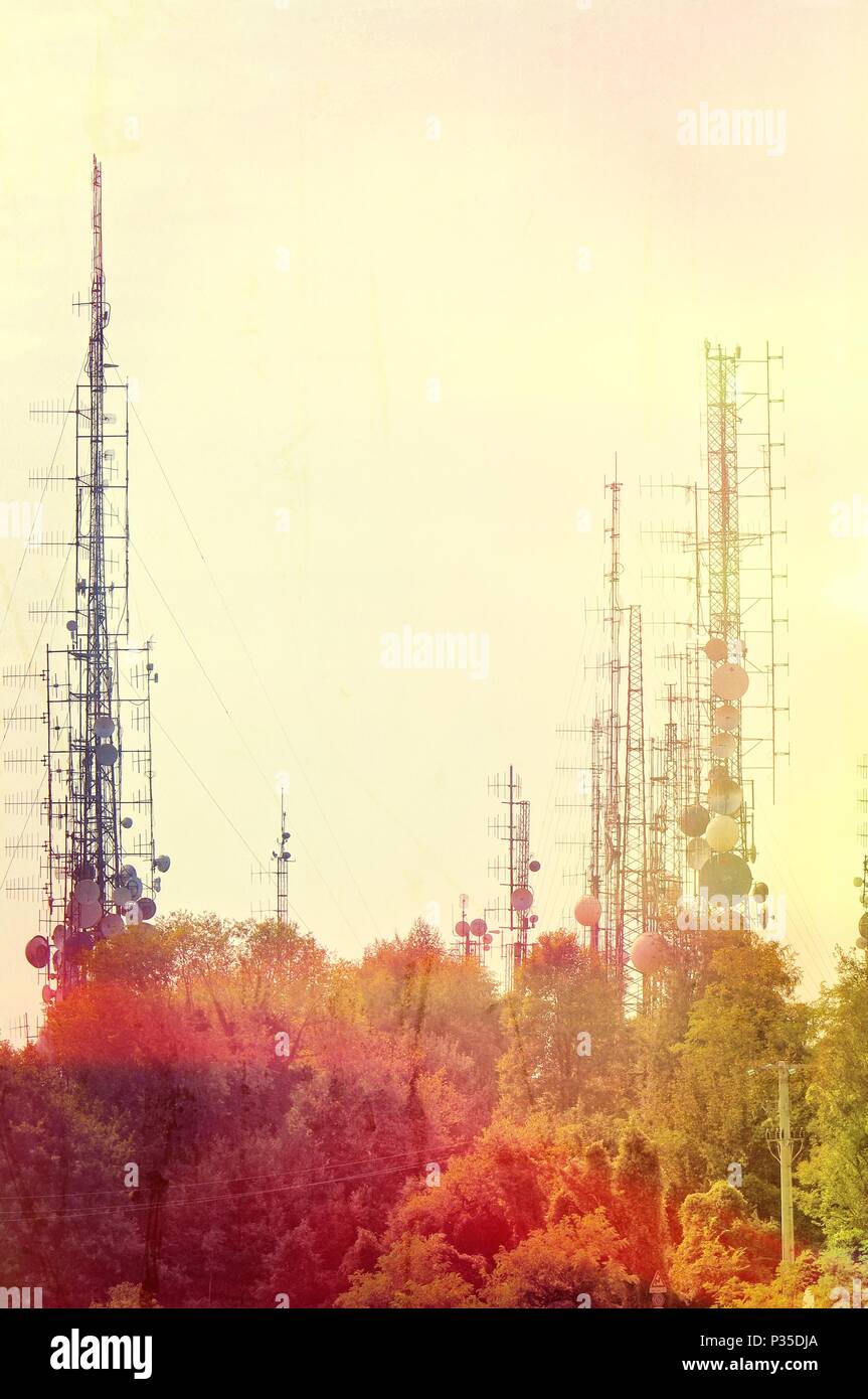 Telecommunication tower Antenna with fire and flames effects Stock ...