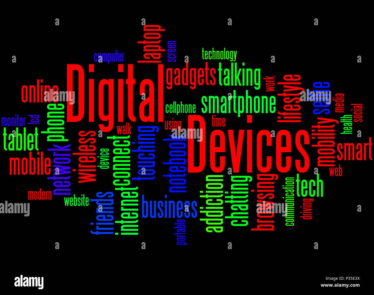 Digital Devices, word cloud concept on black background Stock Photo - Alamy