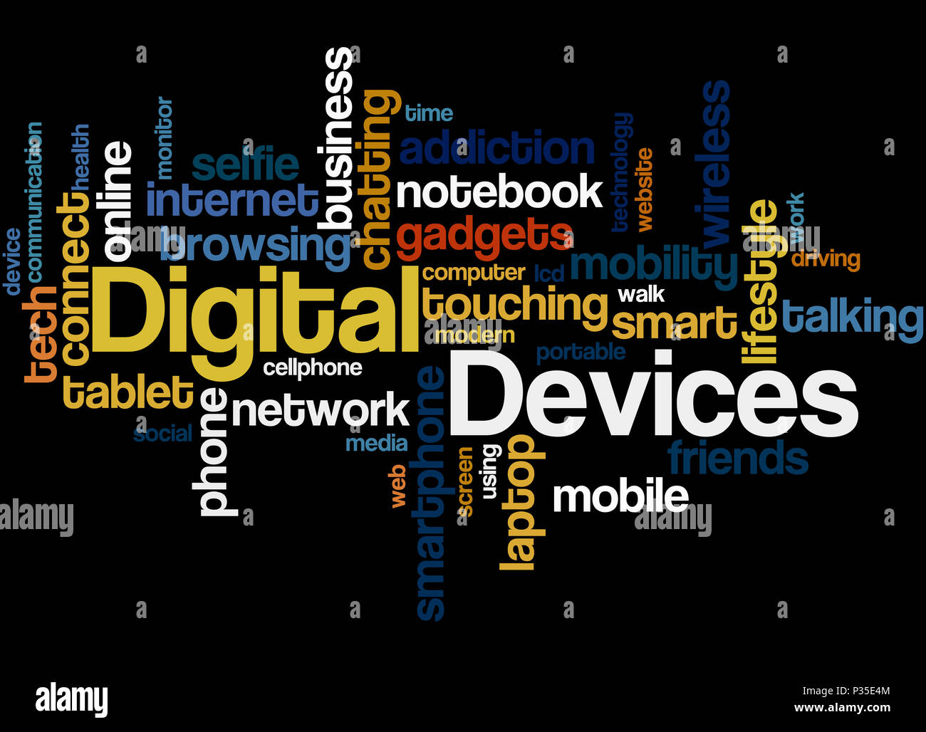 Digital Devices, word cloud concept on black background Stock Photo - Alamy