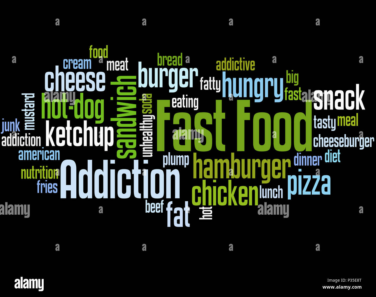 Fast food addiction, word cloud concept on black background Stock Photo ...