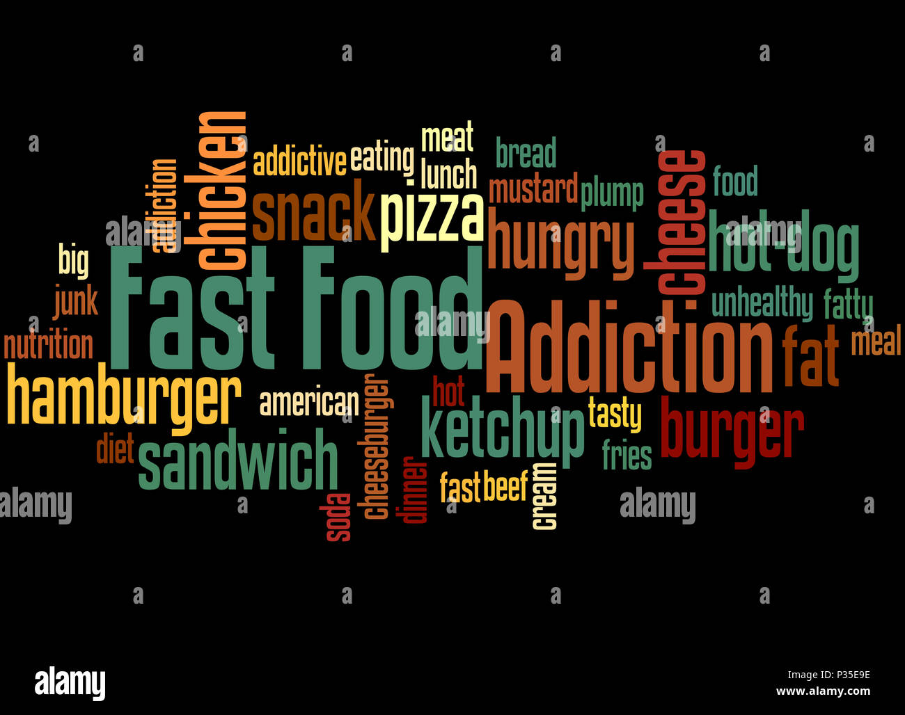 Fast food addiction, word cloud concept on black background Stock Photo ...