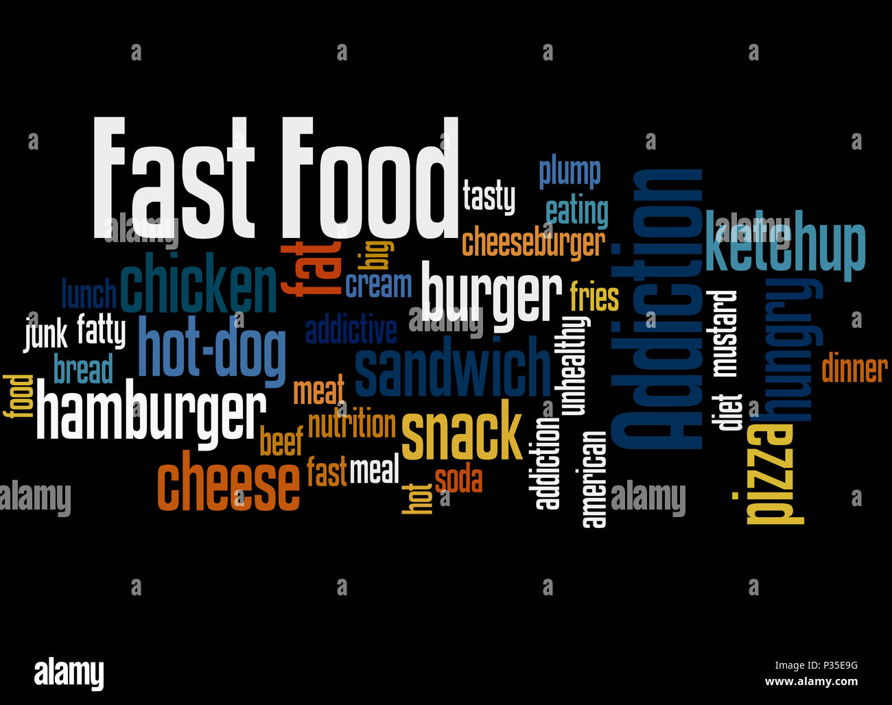 Fast food addiction, word cloud concept on black background Stock Photo ...