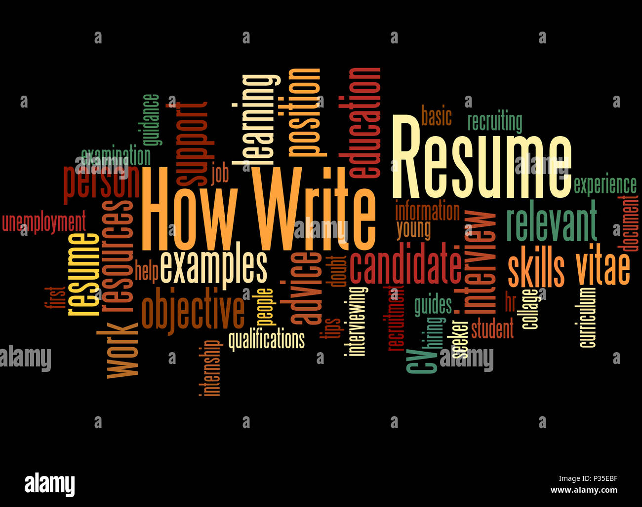 How write resume, word cloud concept on black background Stock Photo ...
