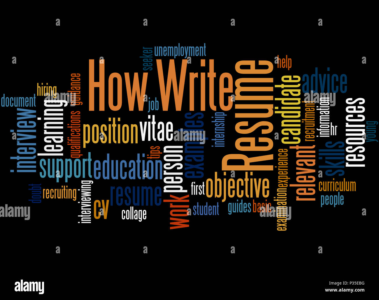 How write resume, word cloud concept on black background Stock Photo ...