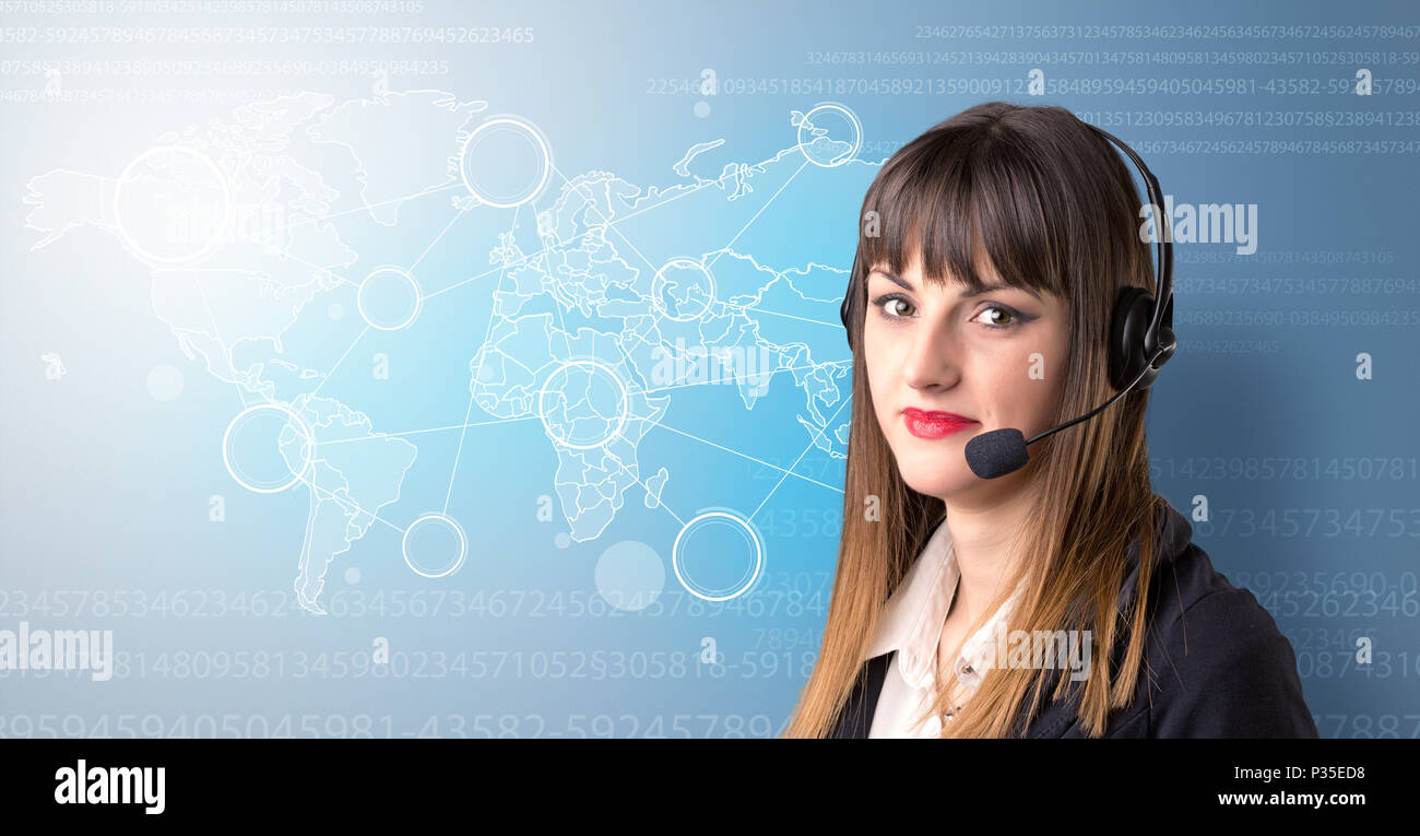 Young female telemarketer with blue background and world map and ...