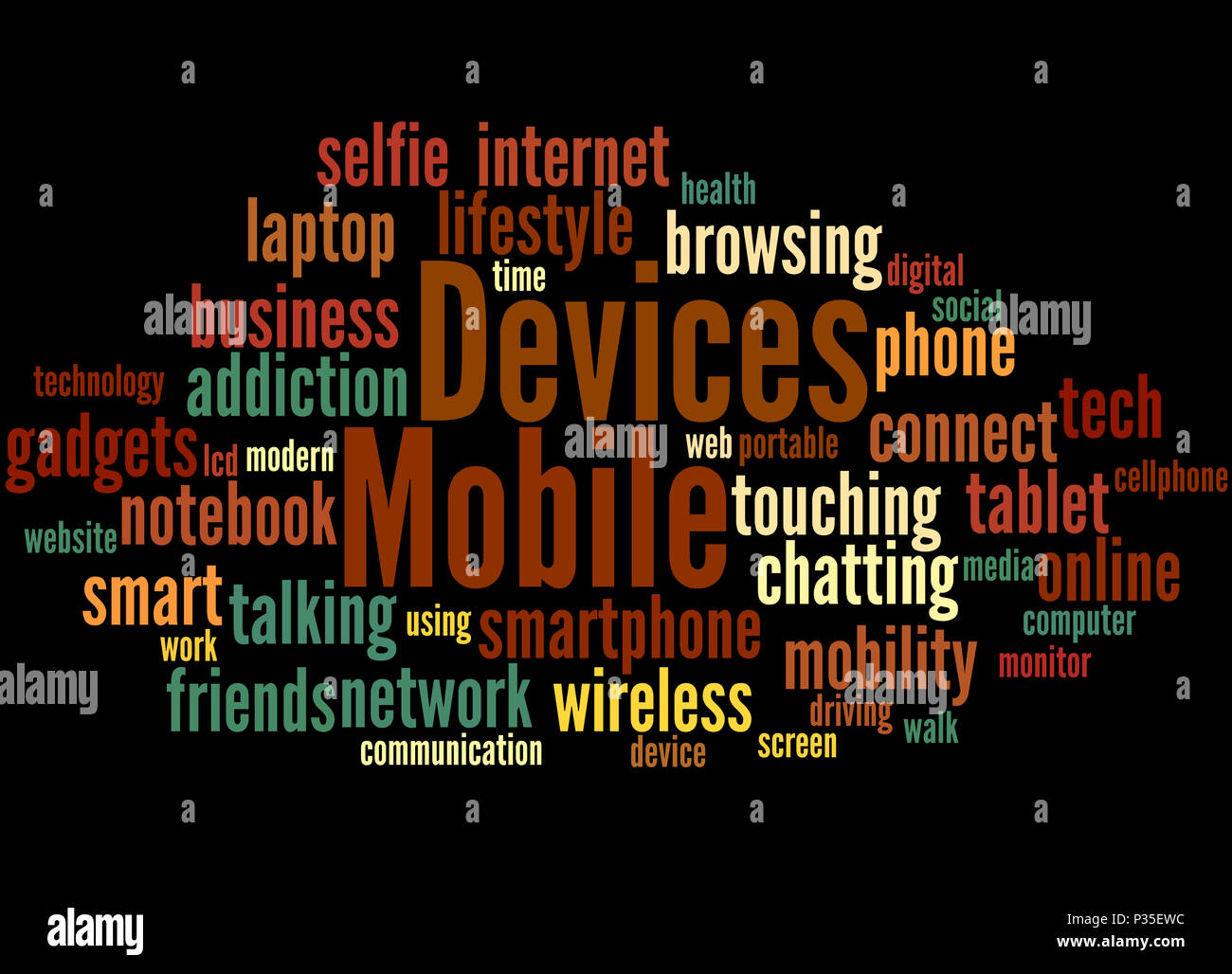 Mobile devices, word cloud concept on black background Stock Photo - Alamy