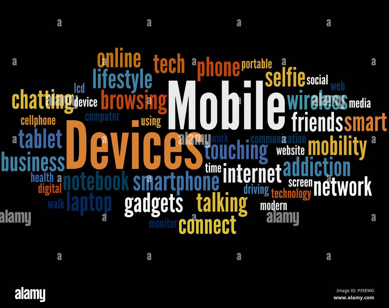 Mobile devices, word cloud concept on black background Stock Photo - Alamy