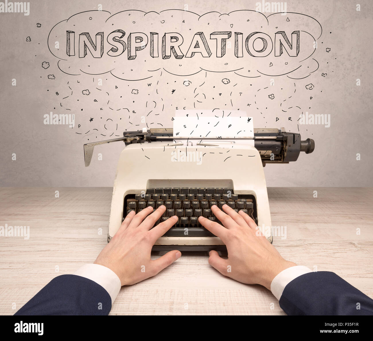 First person perspective hand writing on typewriter with cloud message ...