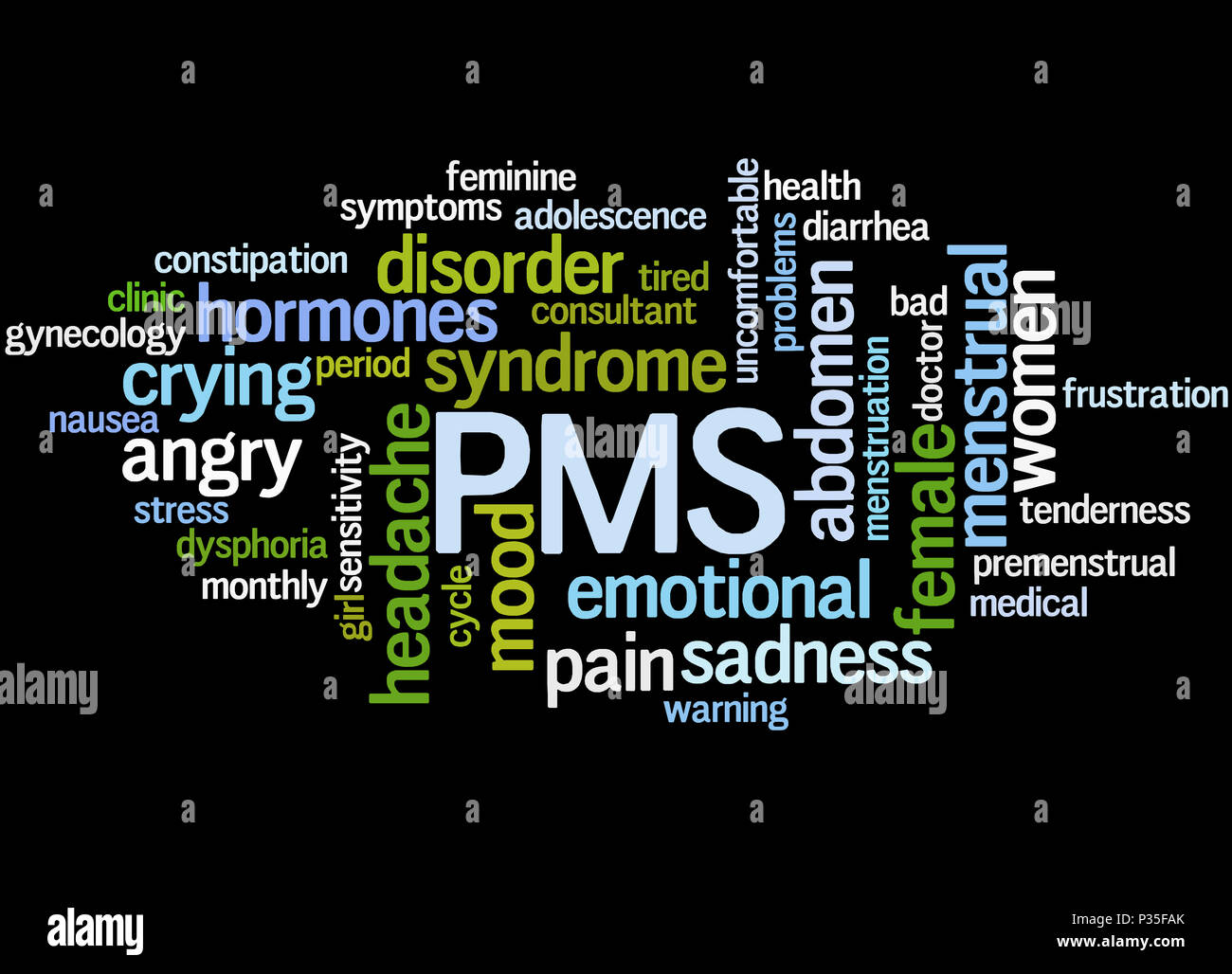 PMS, word cloud concept on black background Stock Photo - Alamy