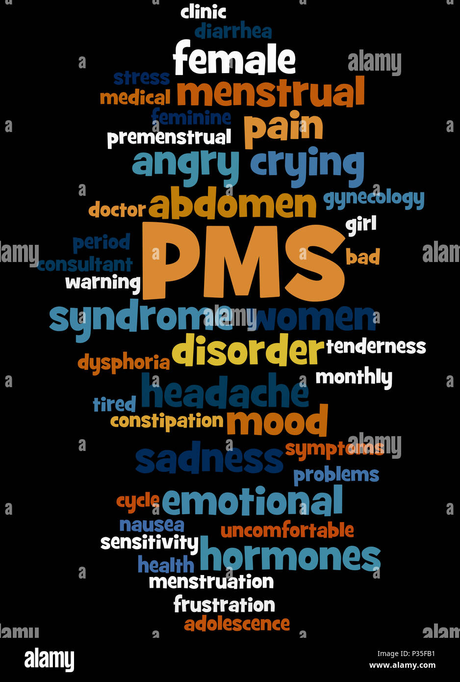 PMS, word cloud concept on black background Stock Photo - Alamy