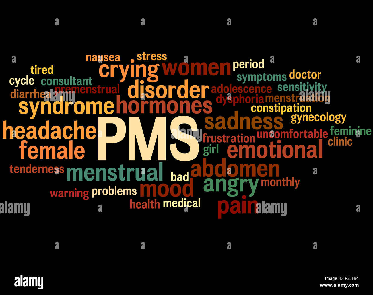 PMS, word cloud concept on black background Stock Photo - Alamy