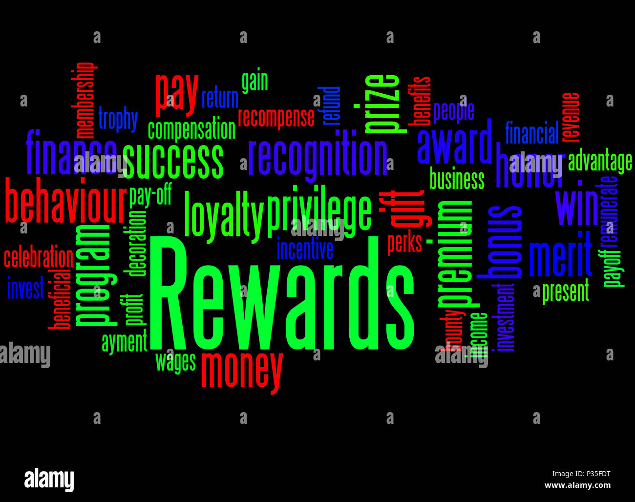 Rewards, word cloud concept on black background Stock Photo - Alamy