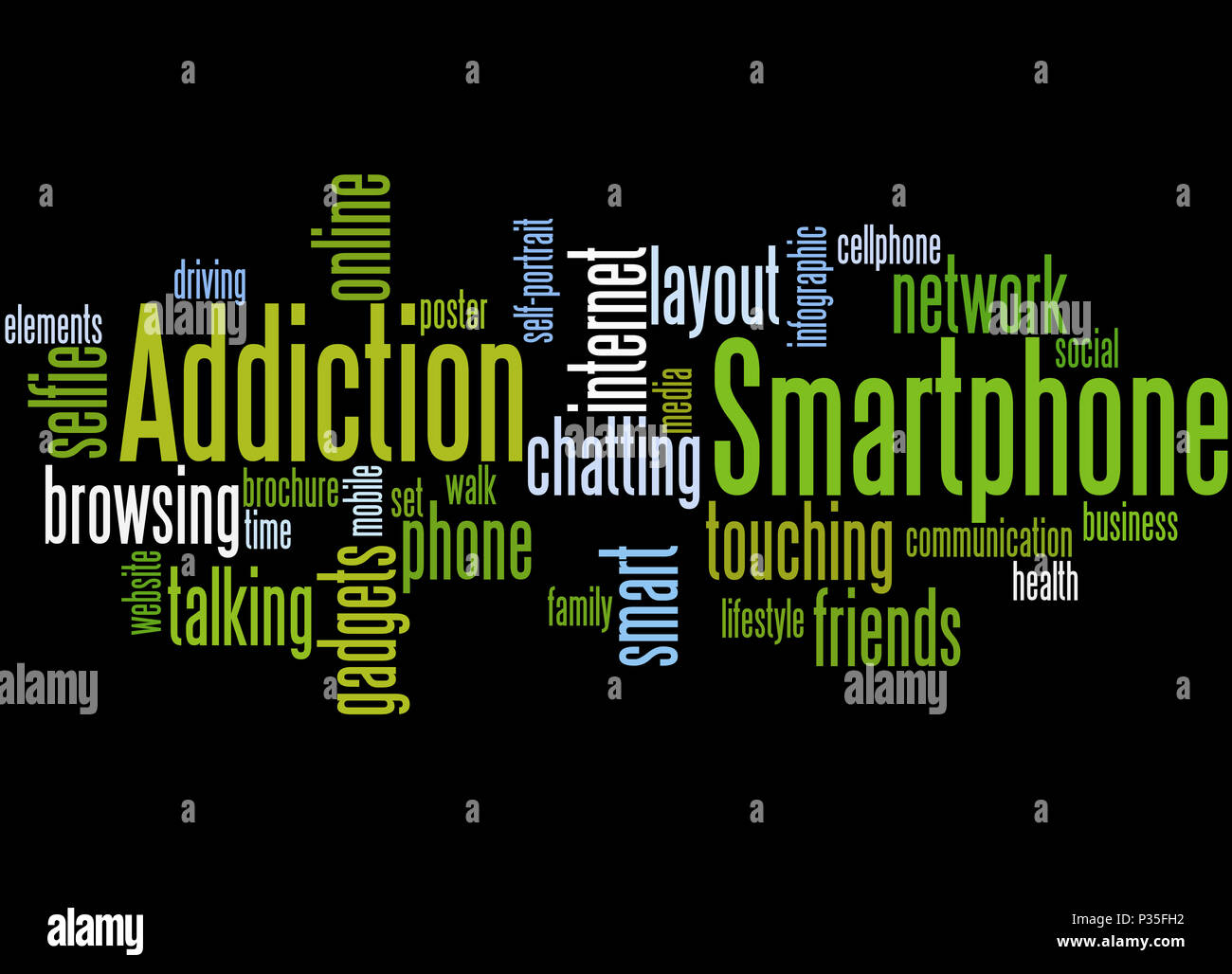 Smartphone addiction, word cloud concept on black background Stock ...