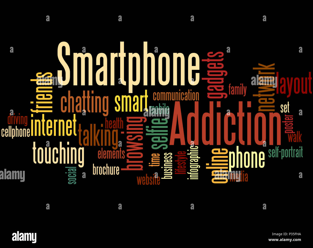 Smartphone addiction, word cloud concept on black background Stock ...