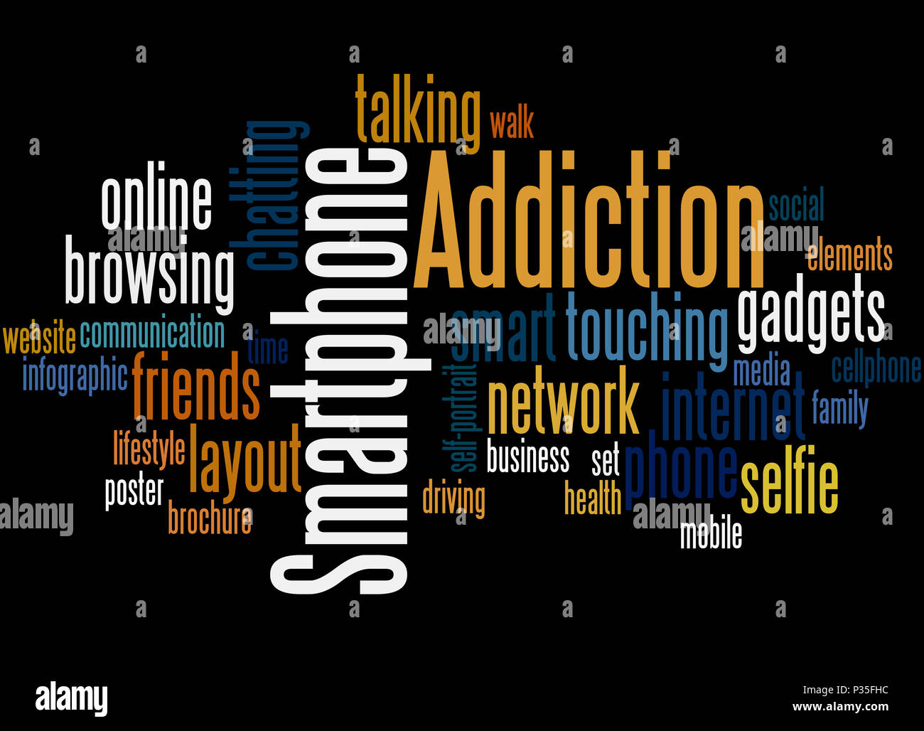 Smartphone addiction, word cloud concept on black background Stock ...