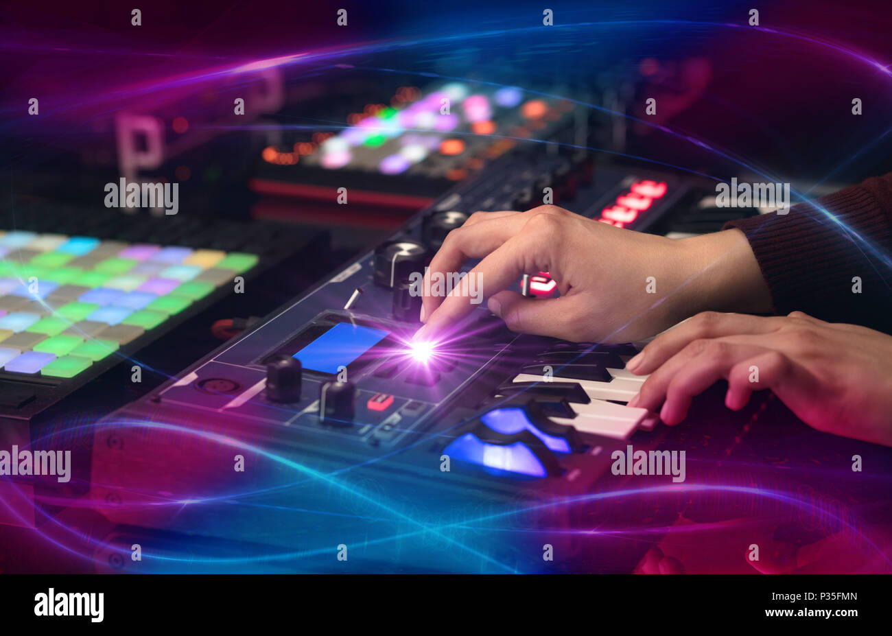 Hand mixing music on dj controller with wave vibe concept Stock Photo ...