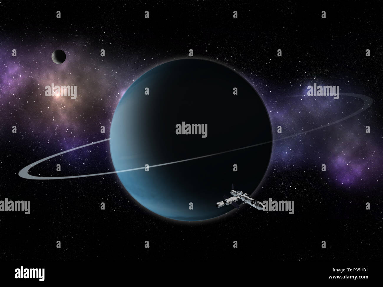 Interstellar spaceship flying to unknown planet with rings in blue tones. Space exploration ...