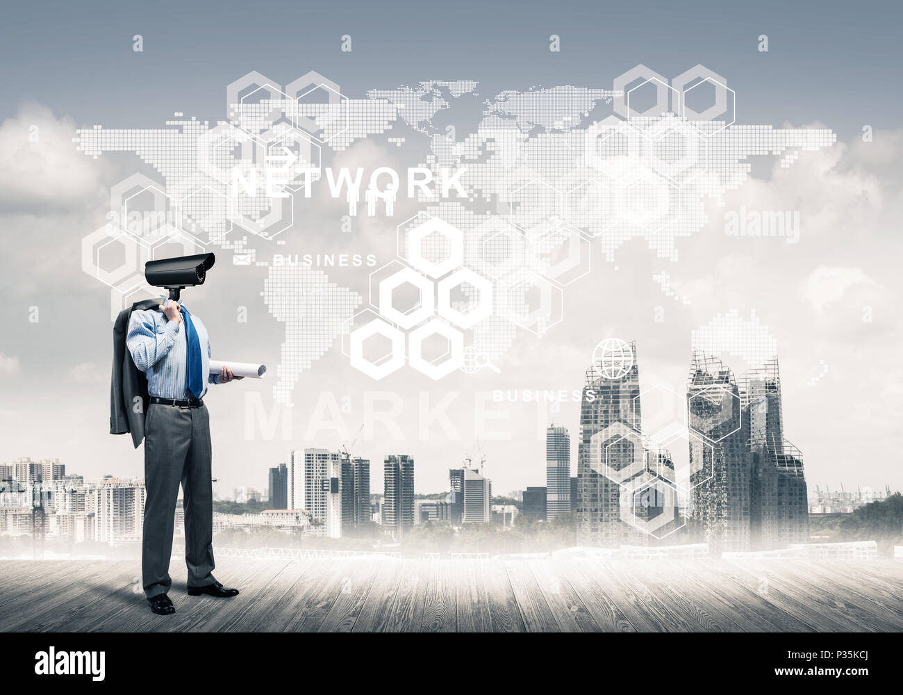Camera headed man standing on wooden floor against modern citysc Stock ...