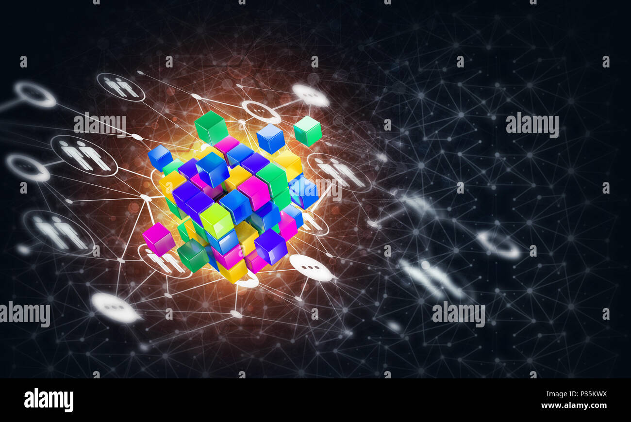 Concept of Internet and networking with digital cube figure on dark ...