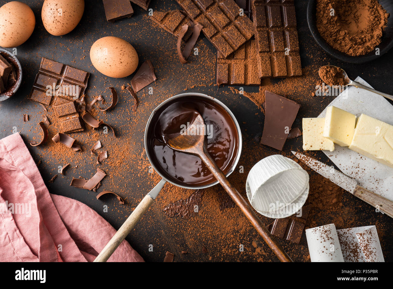 Top View of the process of cooking chocolate bakery pastry with melting ...