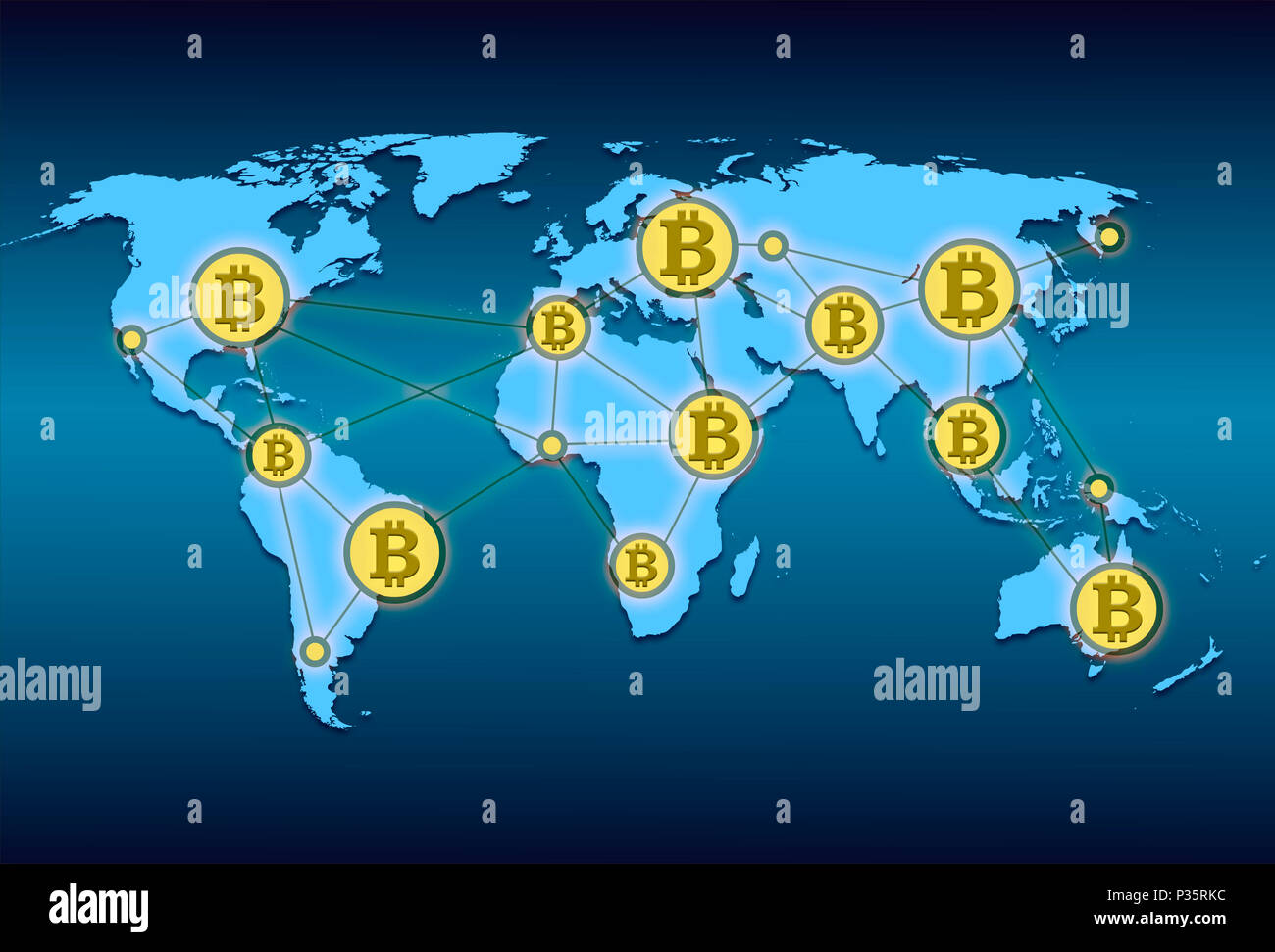 World map with world network and crypto currency bitcoin illustration ...