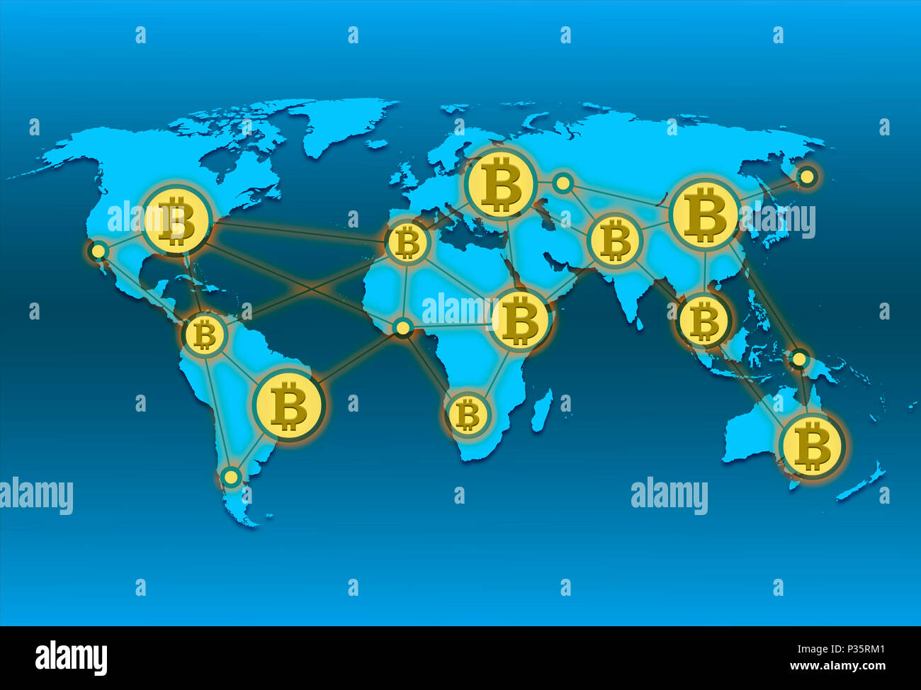World map with world network and crypto currency bitcoin illustration ...