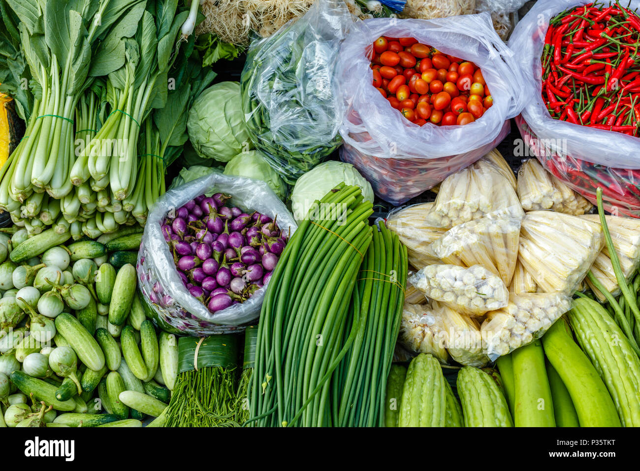 Fresh vegetables at a traditional street market. Bangkok, Thailand ...