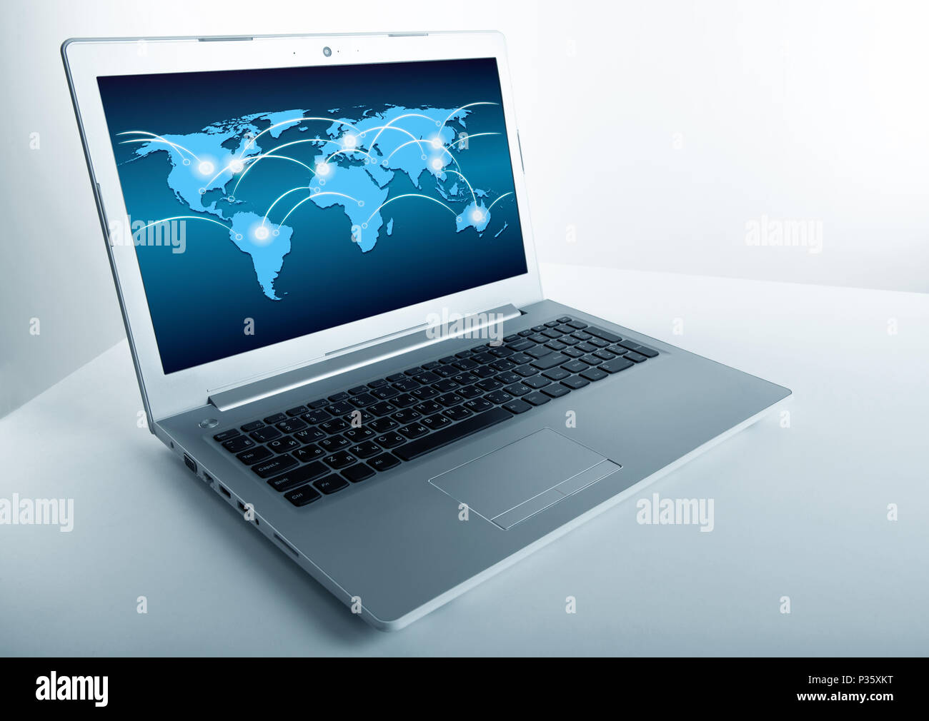 open laptop with internet connection on a grey background Stock Photo ...
