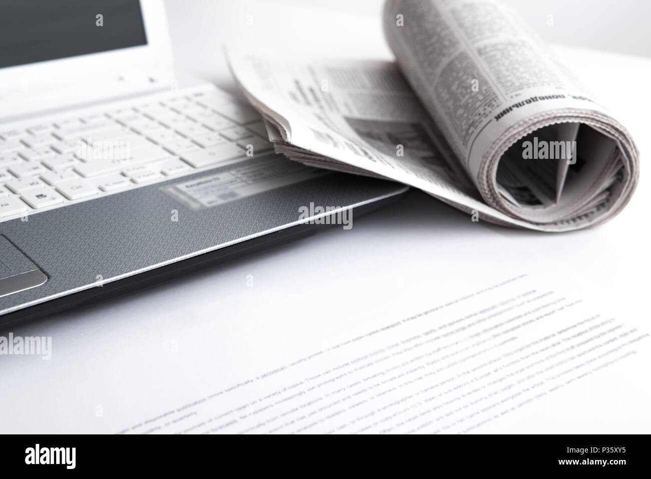 laptop, newspaper office and text press Stock Photo - Alamy