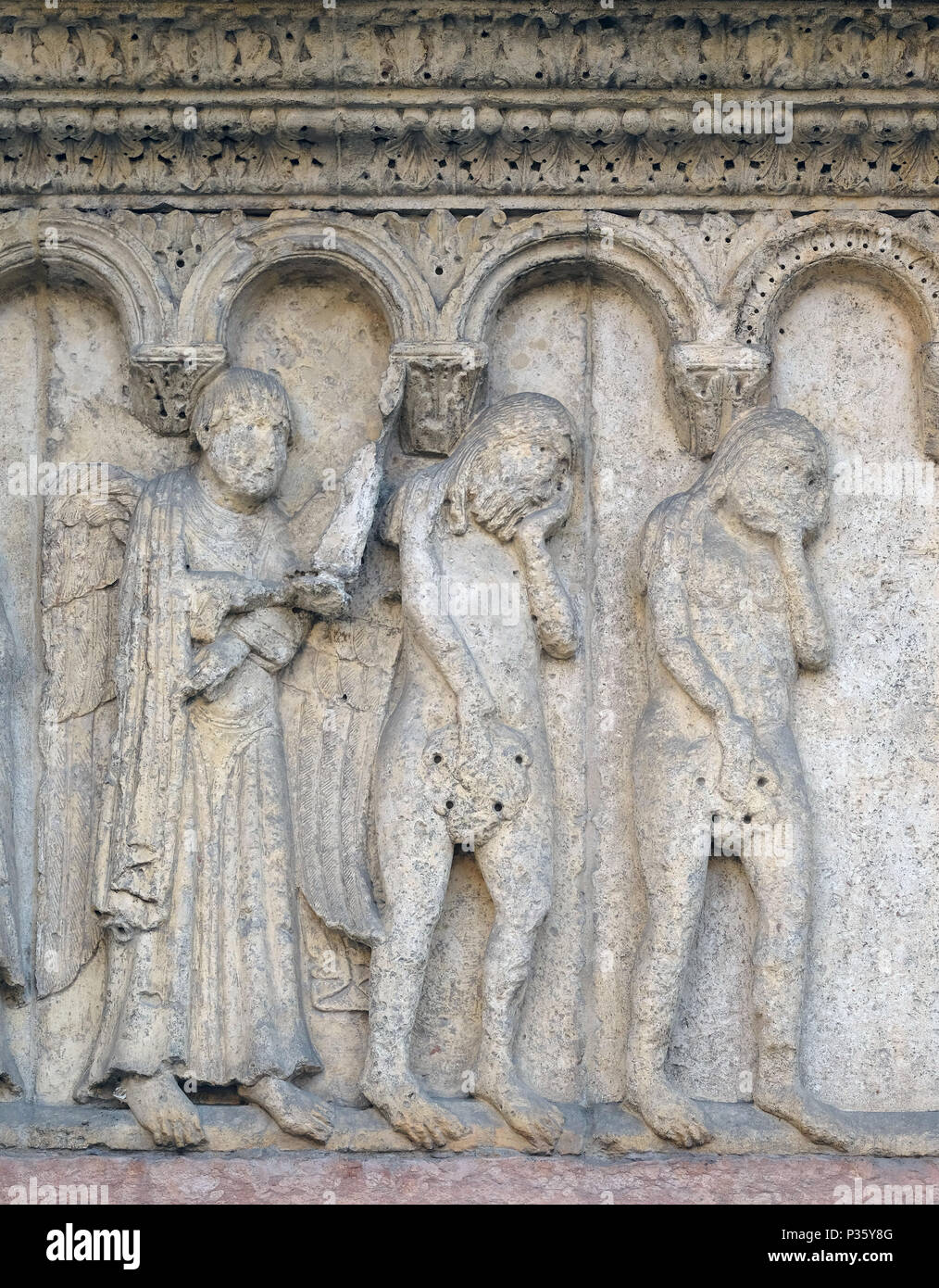 The Expulsion from Paradise by Wiligelmo, Modena Cathedral, Italy Stock ...