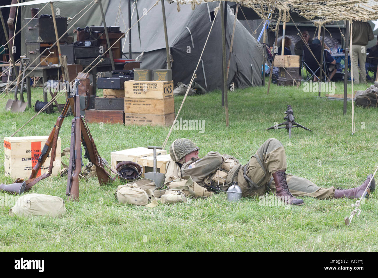 American soldier relaxing in the encampment before battle Stock Photo ...