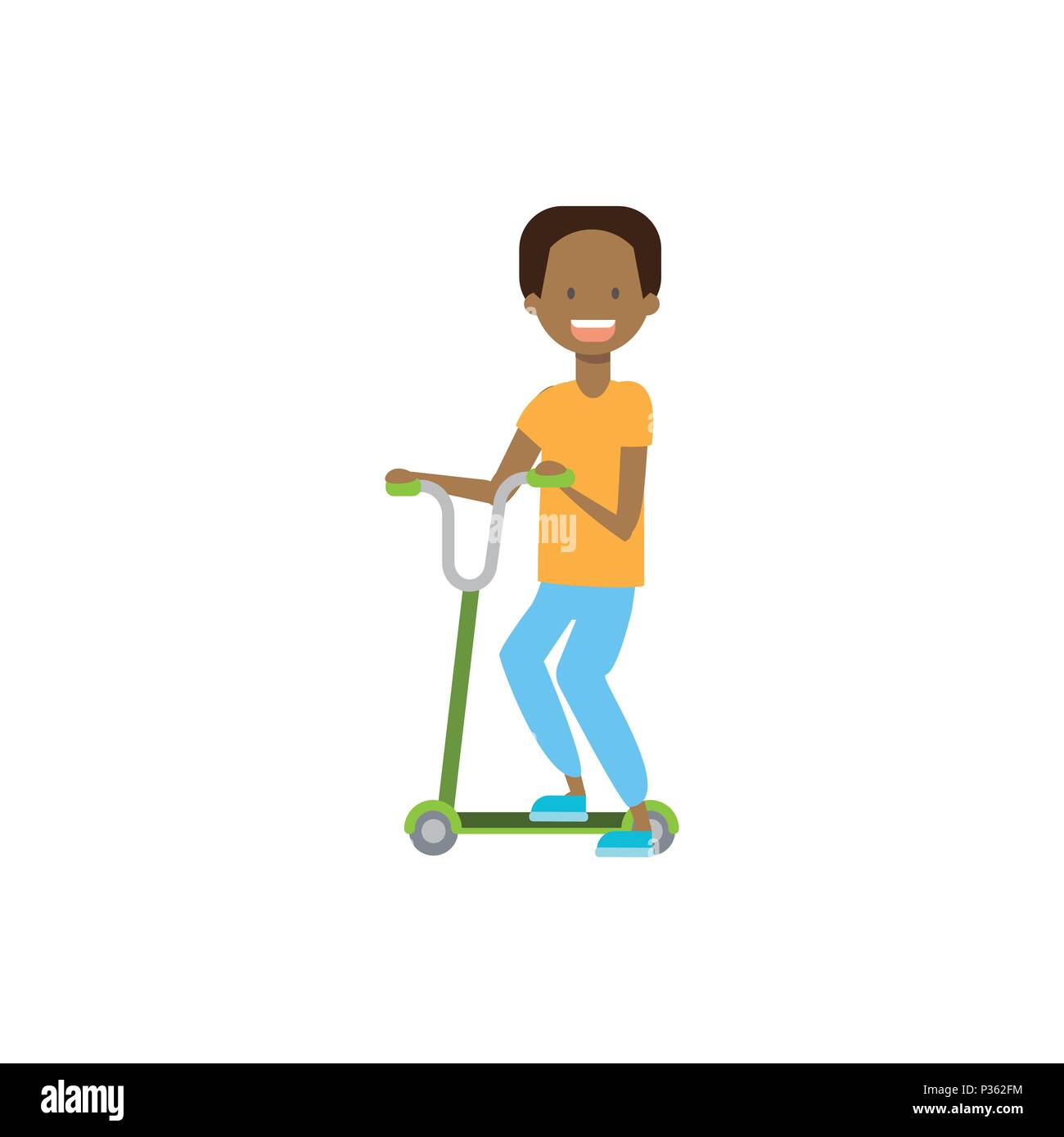 african young boy riding kick scooter over white background. cartoon ...