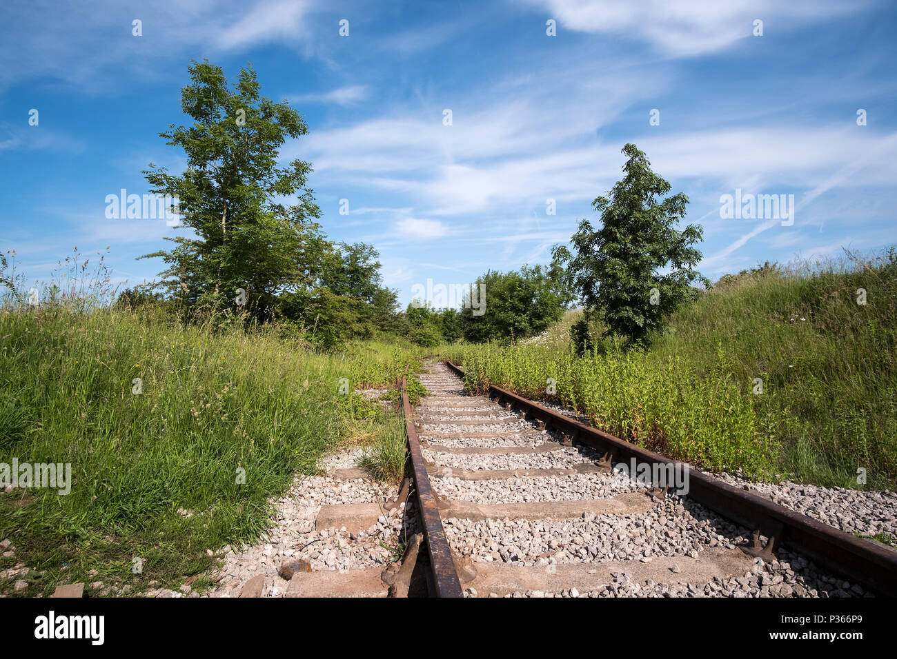 Old abandoned single railroad track at Stanton Ironworks, Derbyshire ...