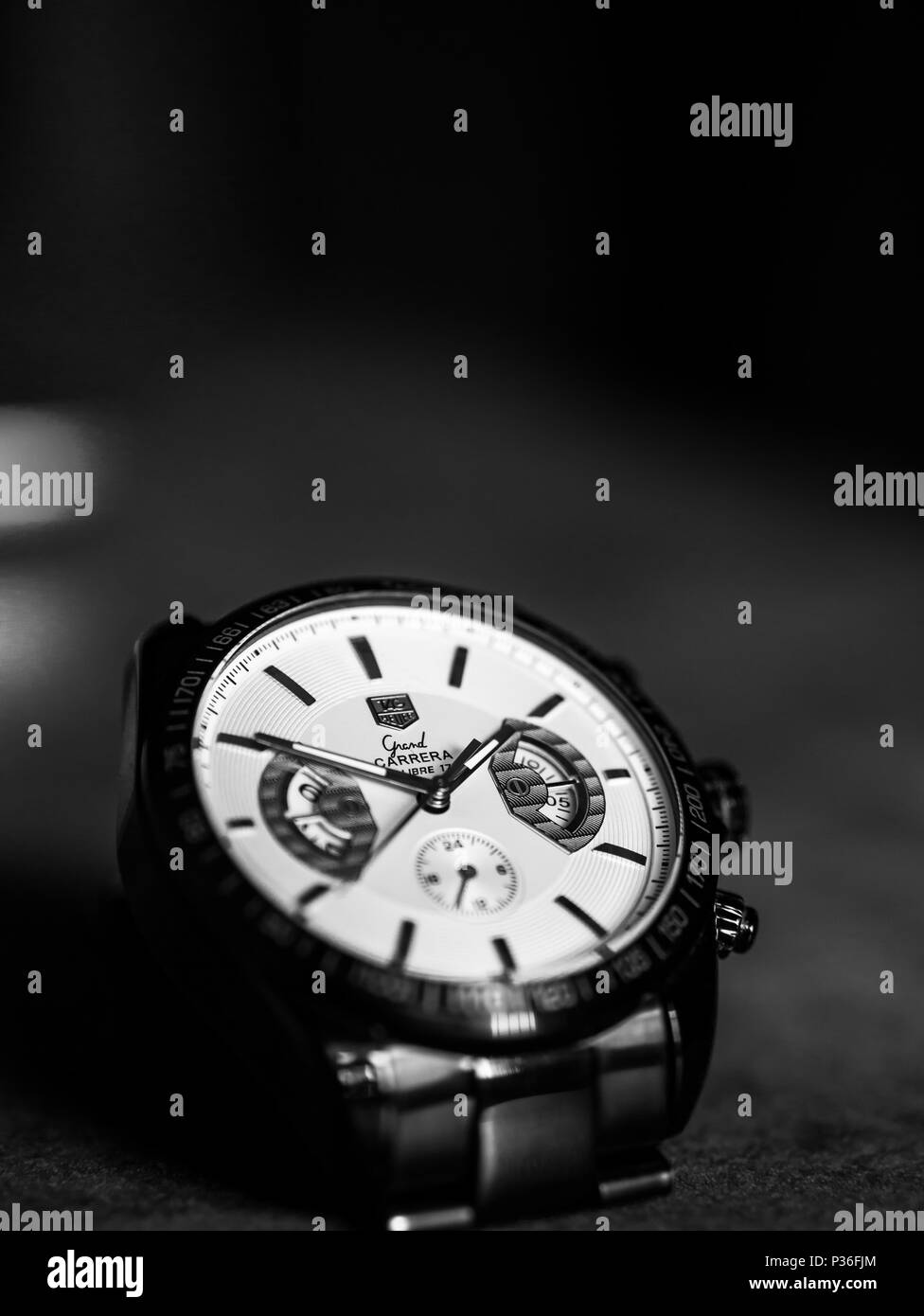 Mumbai, India - June 17, 2018 : The close up of Tag Heuer Grand Carrera ...
