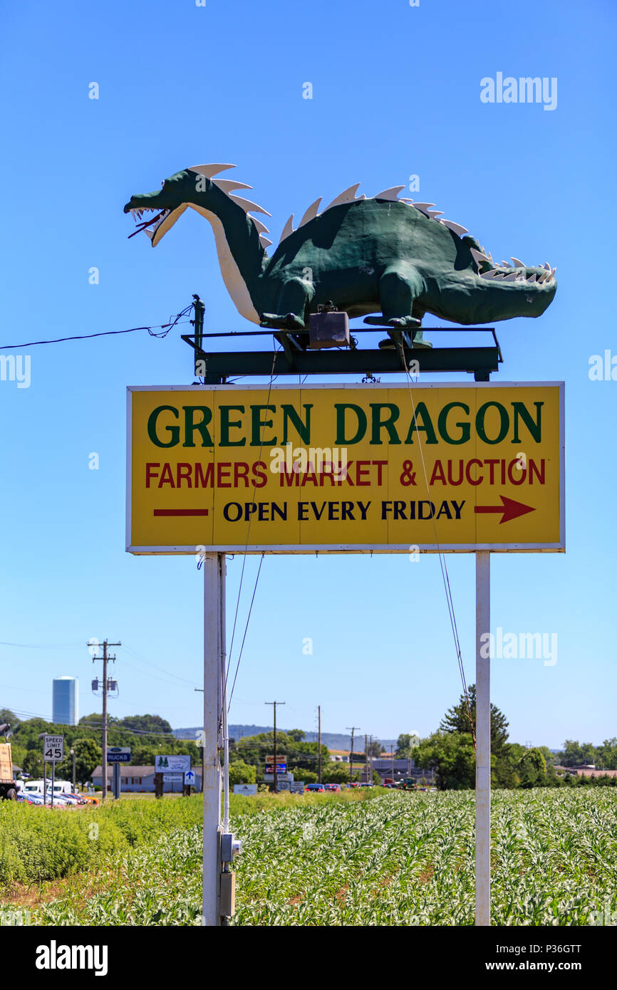 Ephrata, PA, USA - June 14, 2018: The Entrance sign to the Green Dragon ...