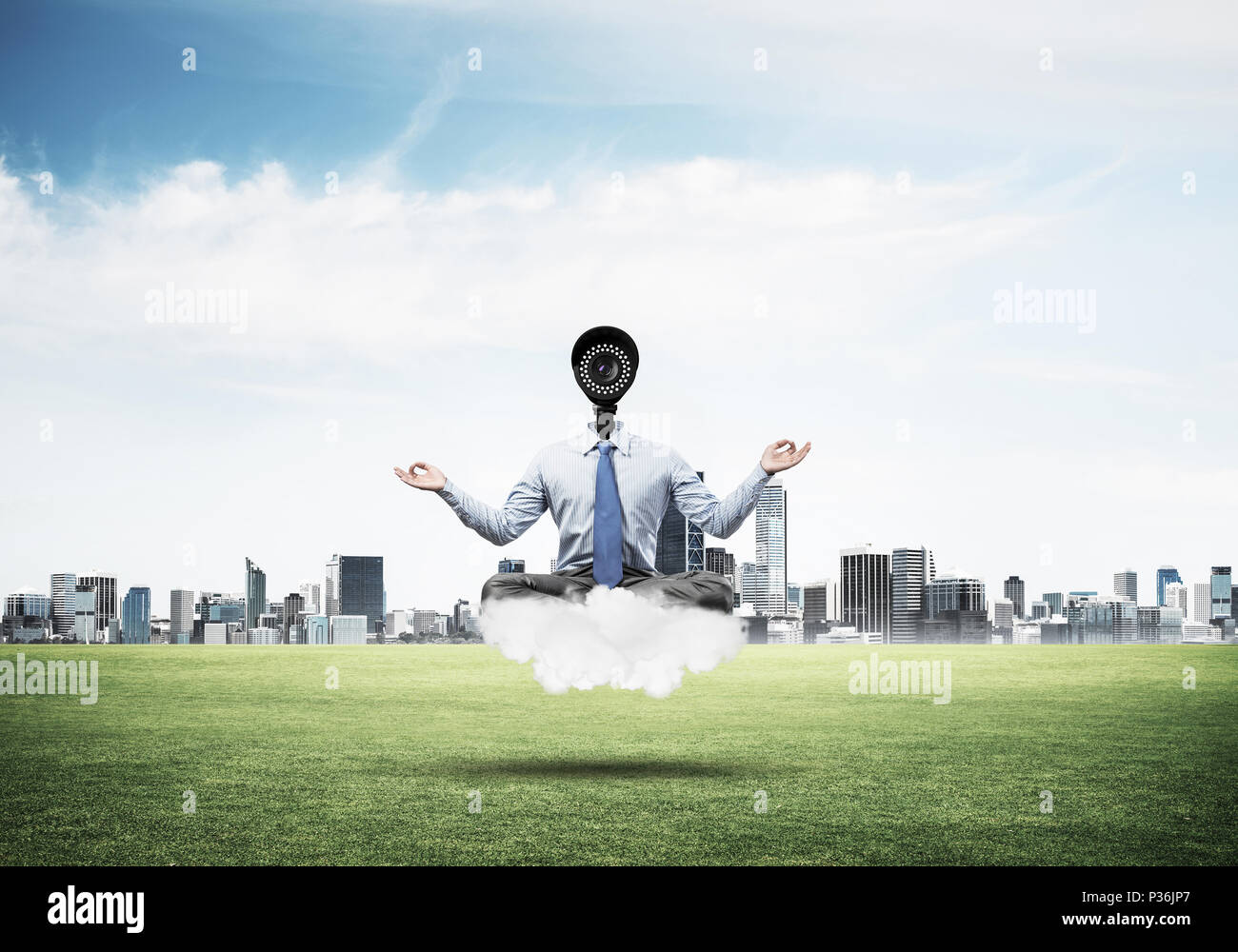 Camera headed man sitting in lotus pose on cloud against modern Stock ...