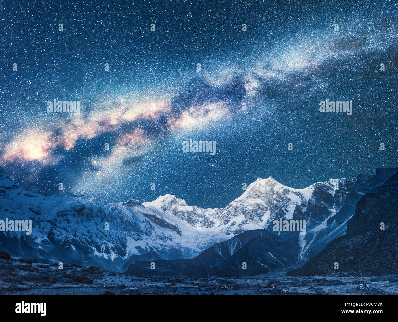 Milky Way and Beautiful Manaslu, Himalayas. Amazing view with himalayan ...