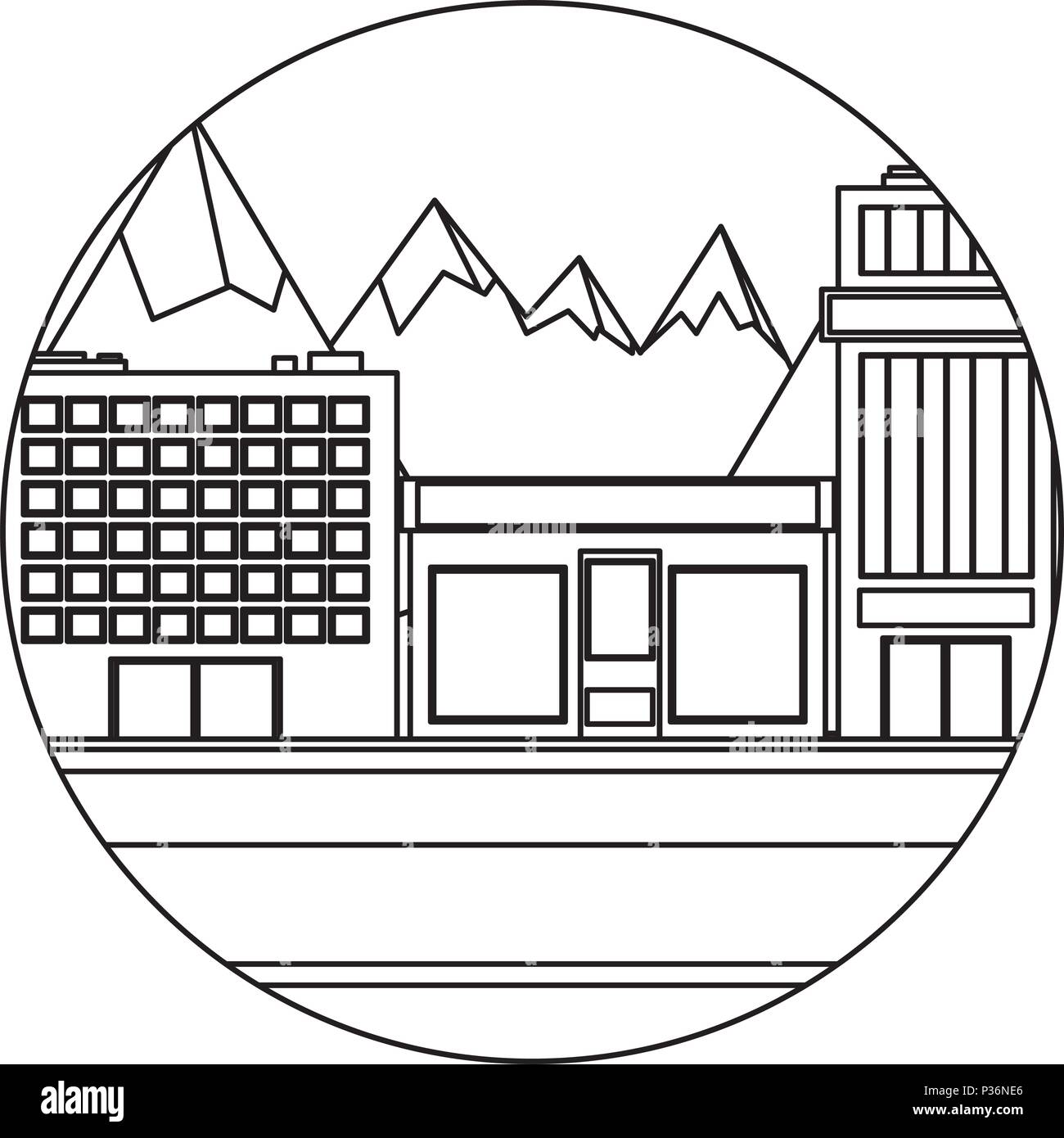 street with stores and buildings over mountains landscape in circular ...