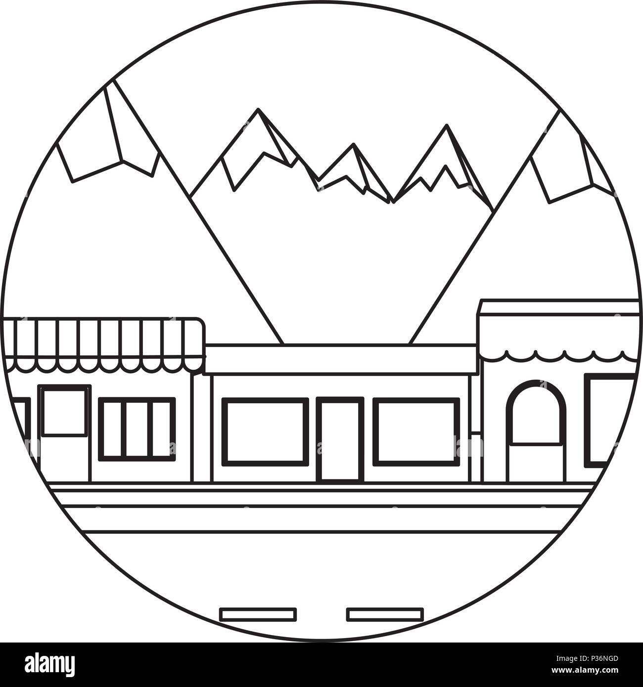 street with stores and buildings over mountains landscape in circular ...