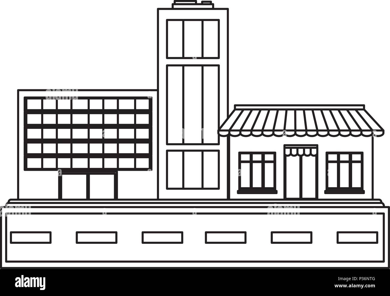stores and city buildings on street over white background, vector ...
