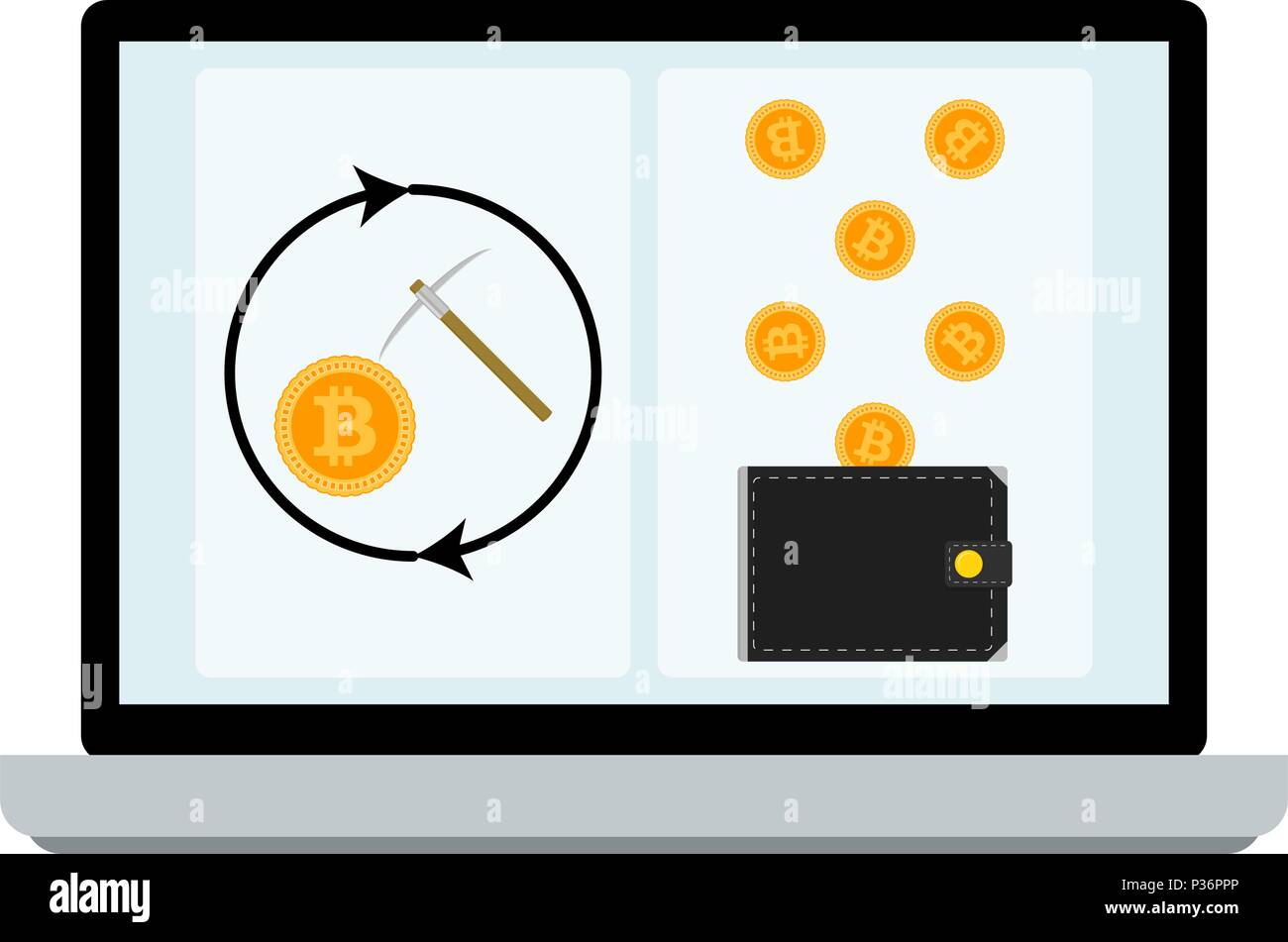 Mining laptop screen. Bitcoin mining, innovation business. Vector ...