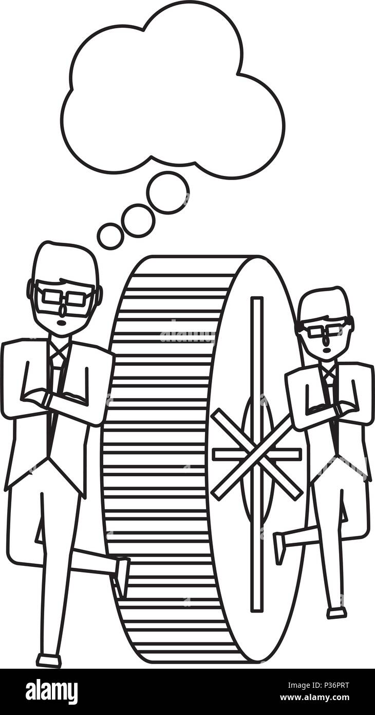 cartoon businessmen with speech bubble and next to a gear wheel over ...