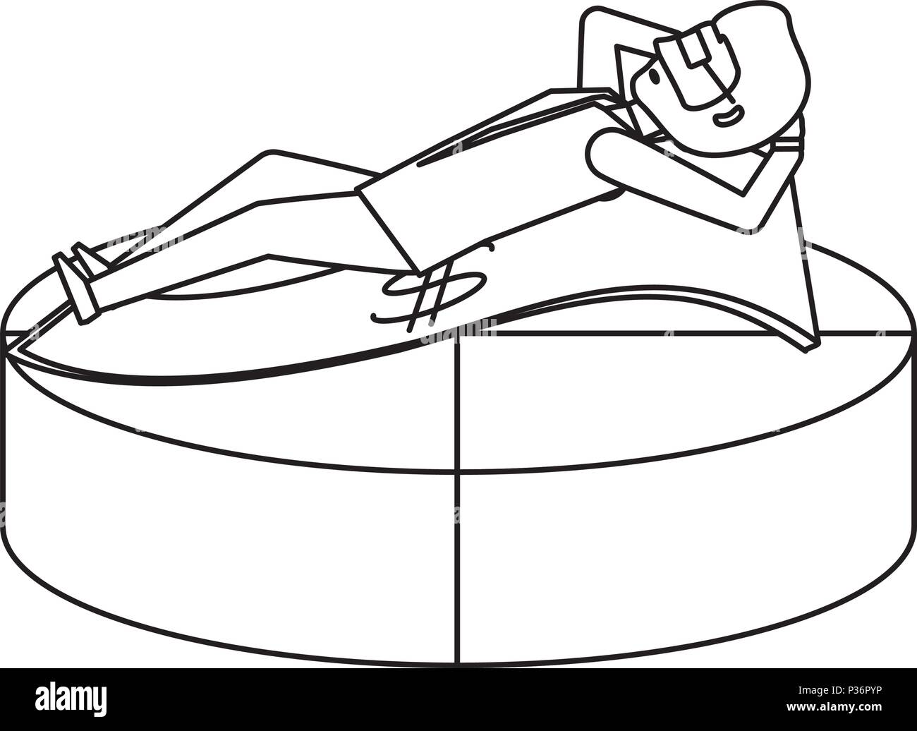 cartoon businessman lying on pie chart over white background, vector ...