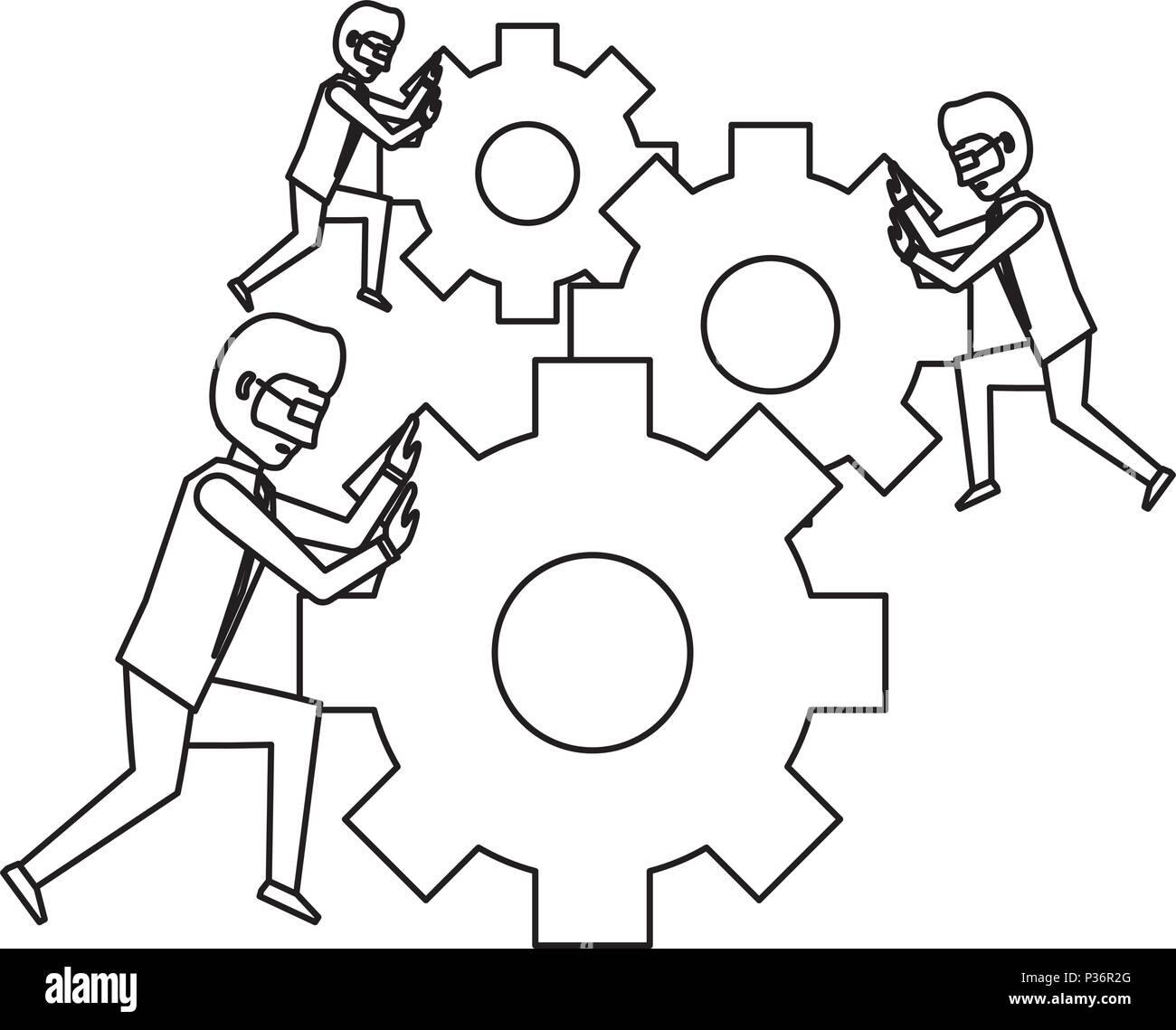 businessmen pushing a gear wheels over white background, vector ...